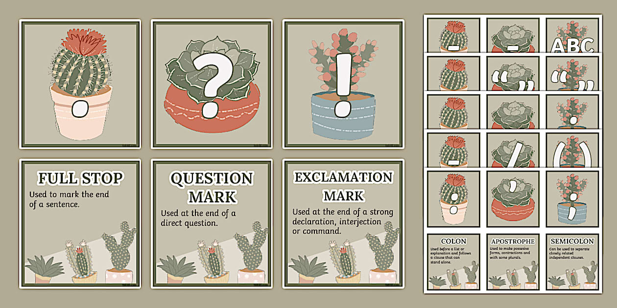 Succulents-Themed Punctuation Matching Cards