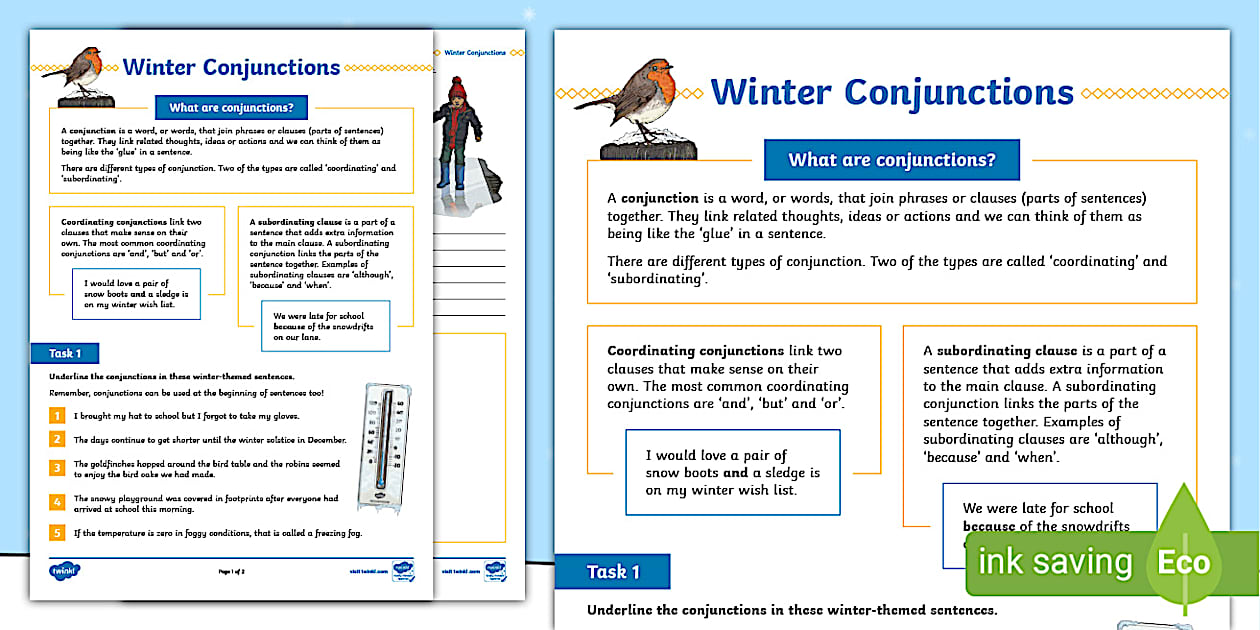 Conjunctions Activity Sheets Winter (teacher made) - Twinkl