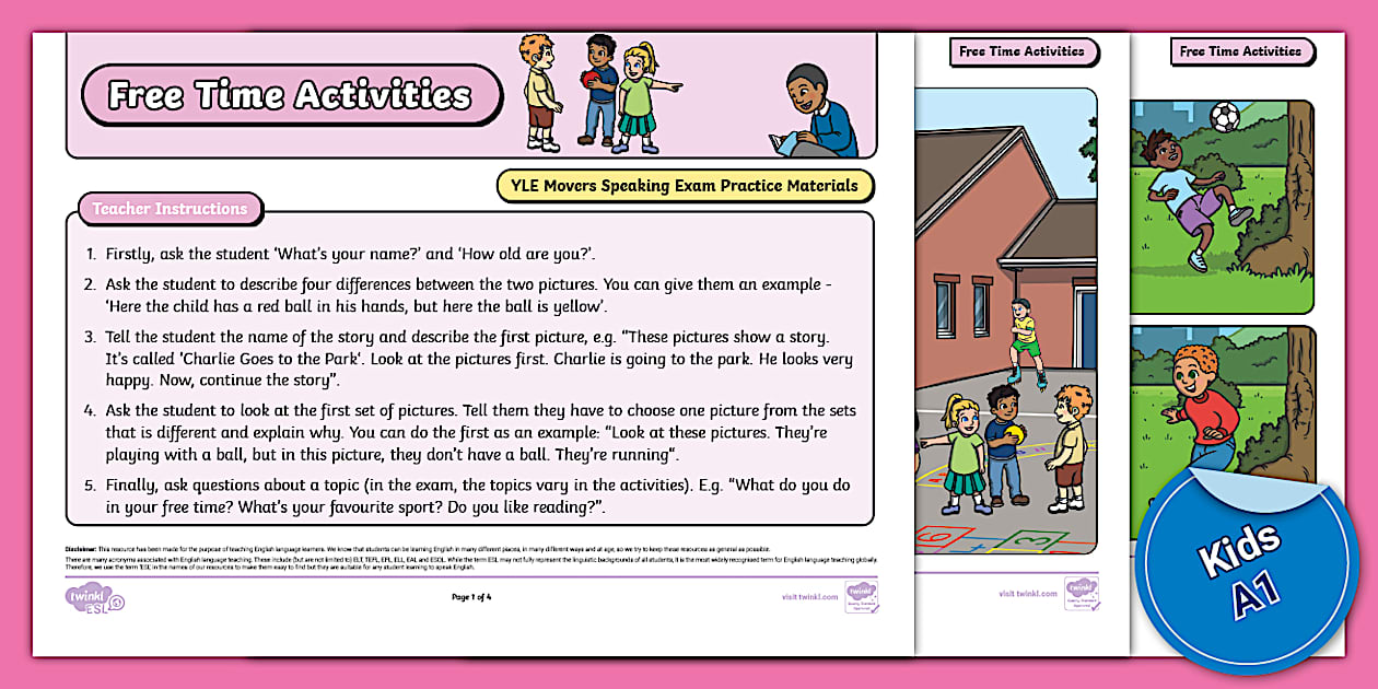 YLE Movers - Speaking - Practice Sheet (Free Time Activities) [A1]