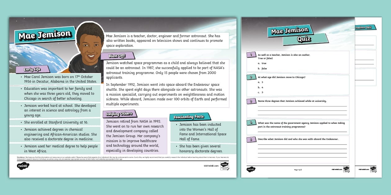 Mae Jemison Fact File and Quiz (teacher made) - Twinkl