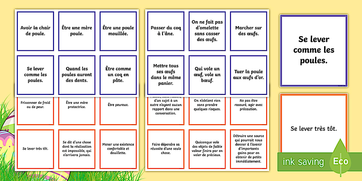 Cartes de vocabulaire : les expressions françaises sur la poule, le coq et