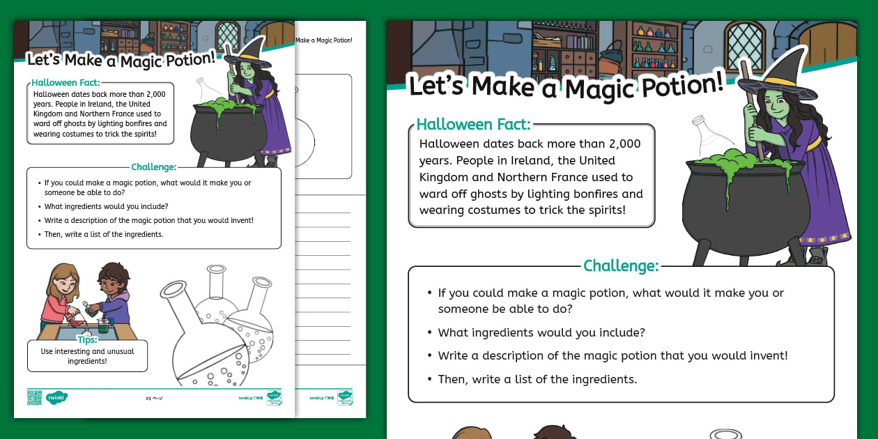 ハロウィンの魔法のポーションを作ろう Magic Potion Activity Sheet in English