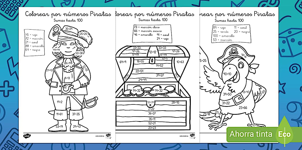 Colorear por números: Sumas hasta 100 - Piratas - Twinkl