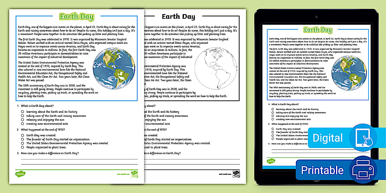 Fifth Grade Earth Day Reading Comprehension Worksheet