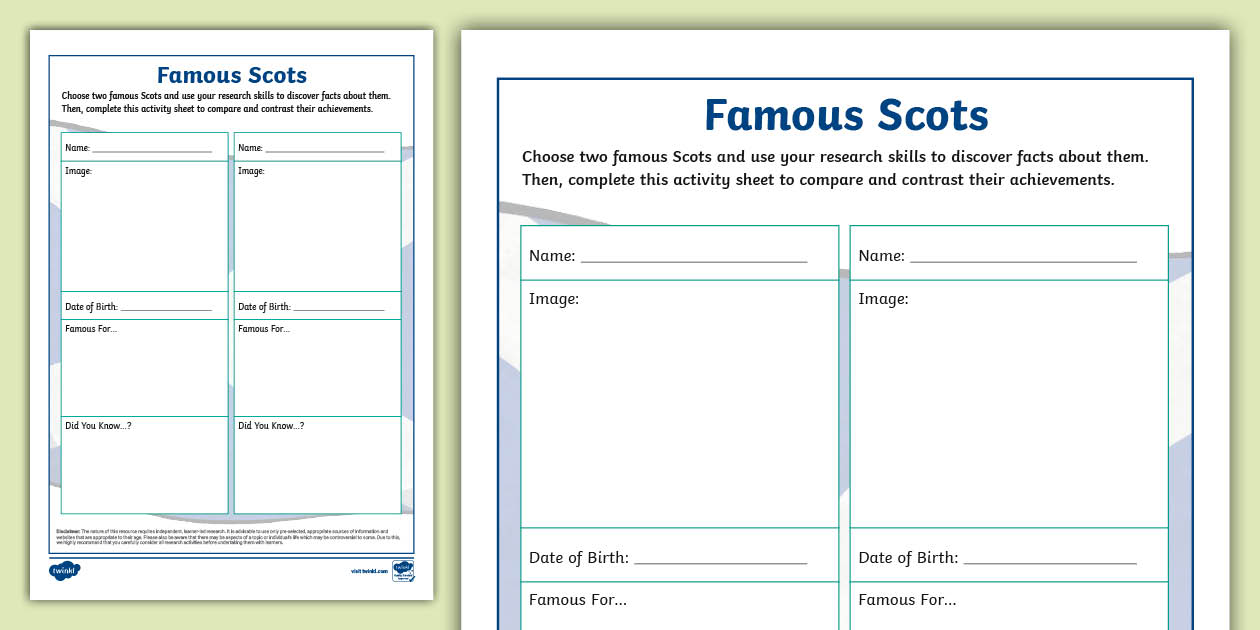 Famous Scots Comparison Activity Sheet (Teacher-Made)