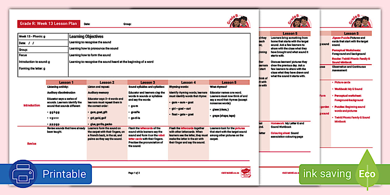 Gr. R Phonics G Lesson Plan Week 13 (Teacher-Made) - Twinkl