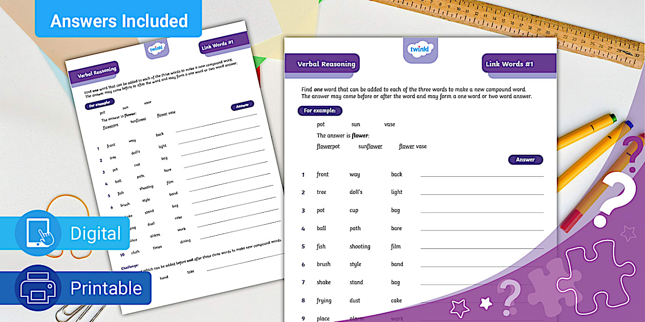 Verbal Reasoning - Link Words Puzzle#1 - Twinkl - Puzzles