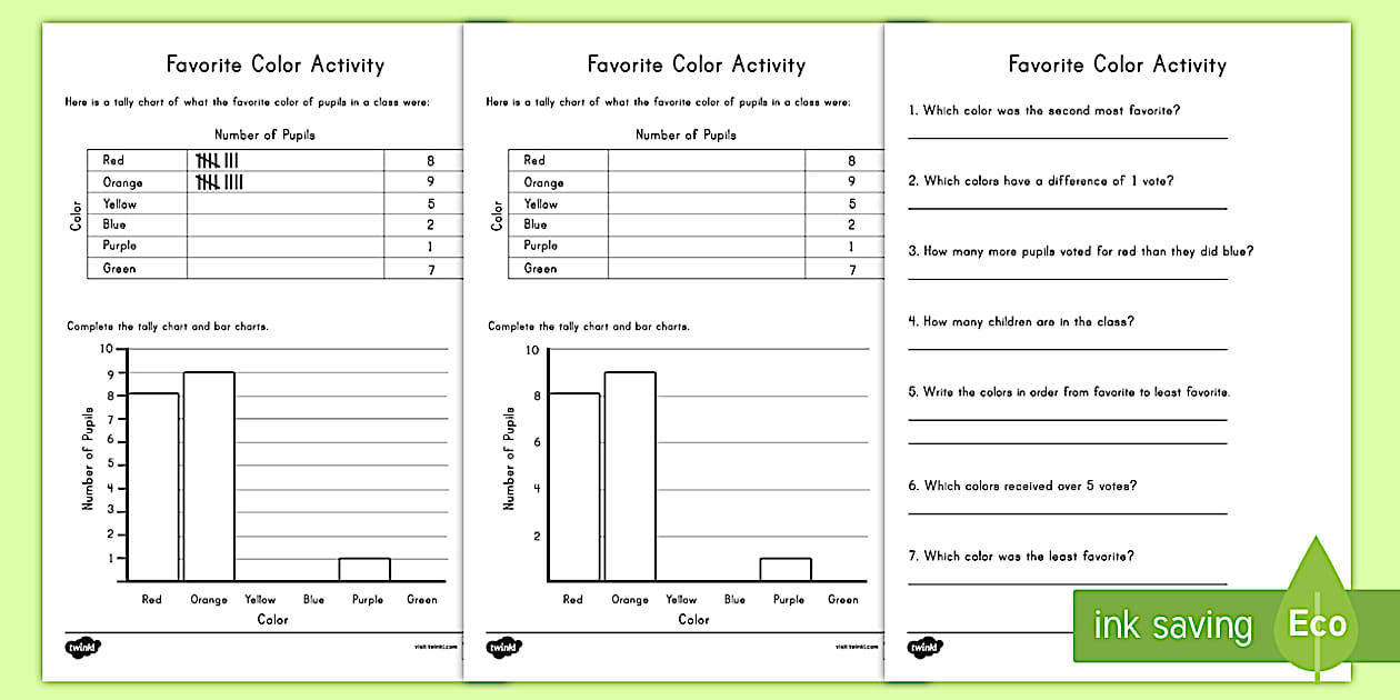Favourite Colour Tally and Bar Chart Worksheet - Twinkl