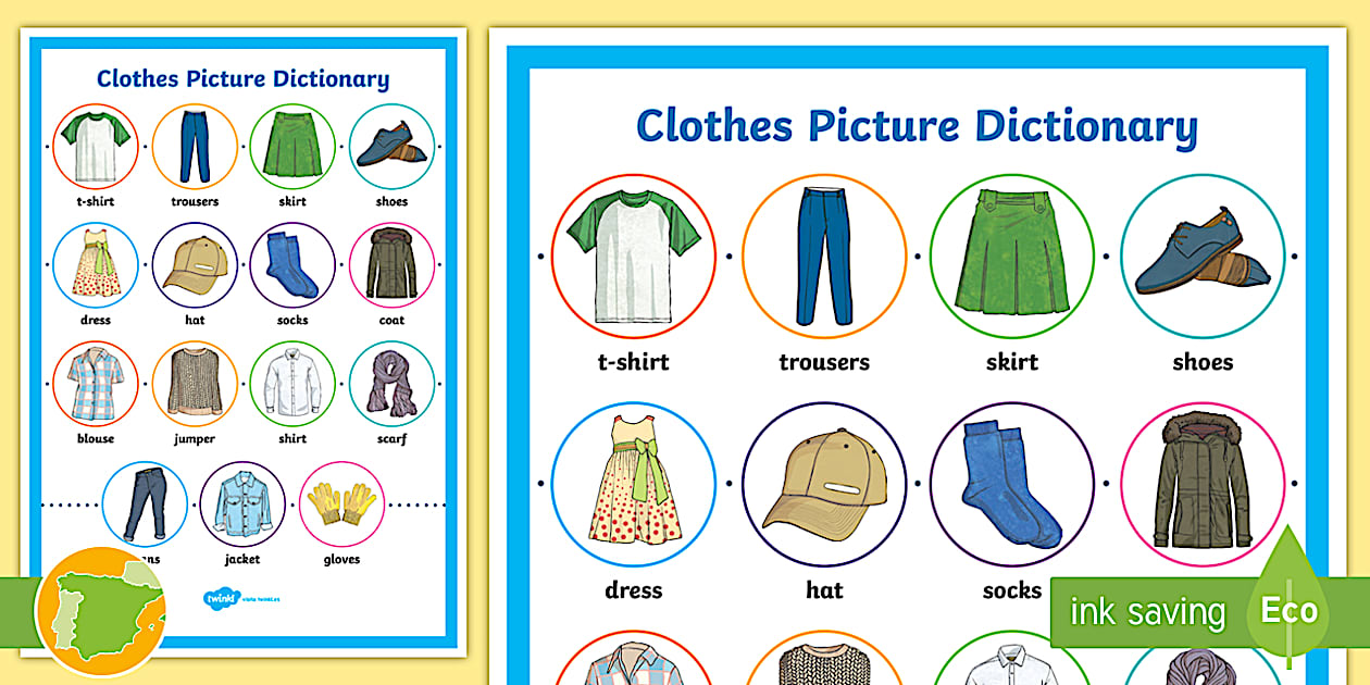 Editable A1 Diccionario de imágenes: Ropa - inglés