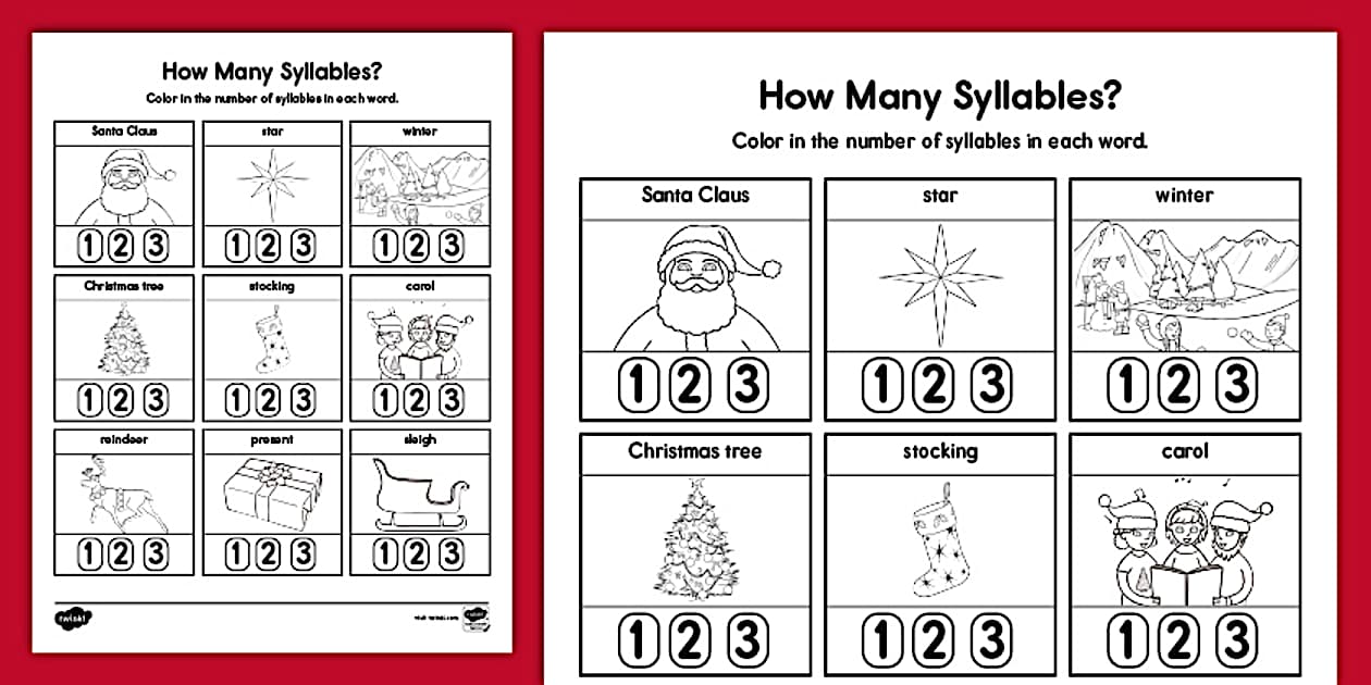 Kindergarten How Many Syllables? Christmas Worksheet