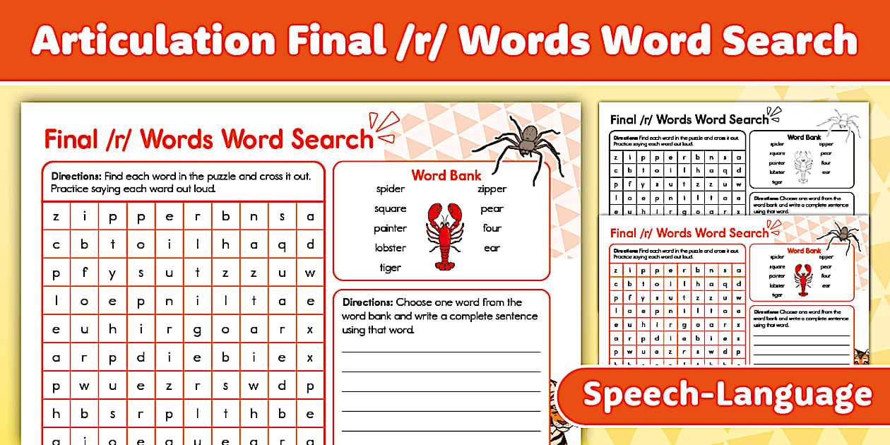 Articulation Final /r/ Words Word Search for SLP