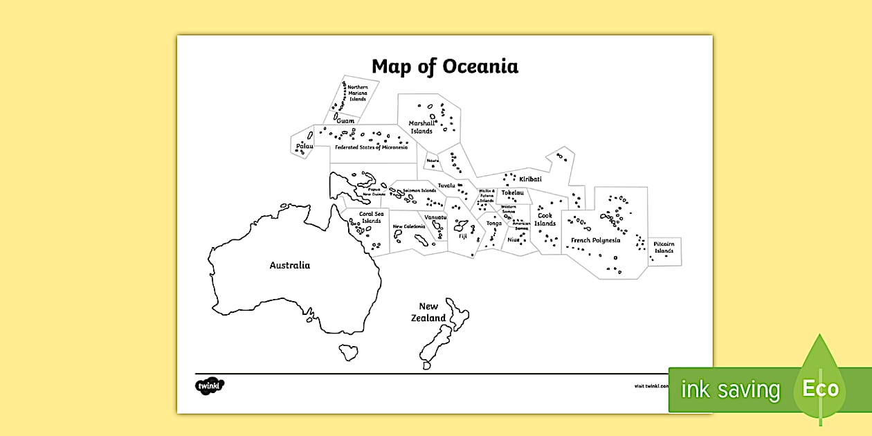 Oceania Map With and Without Names Worksheets - Twinkl