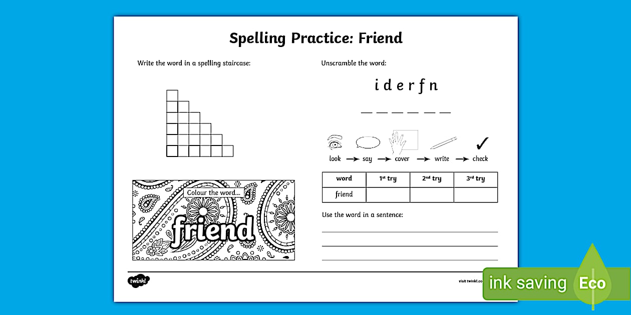 Friend Spelling Practice Worksheet (teacher made) - Twinkl