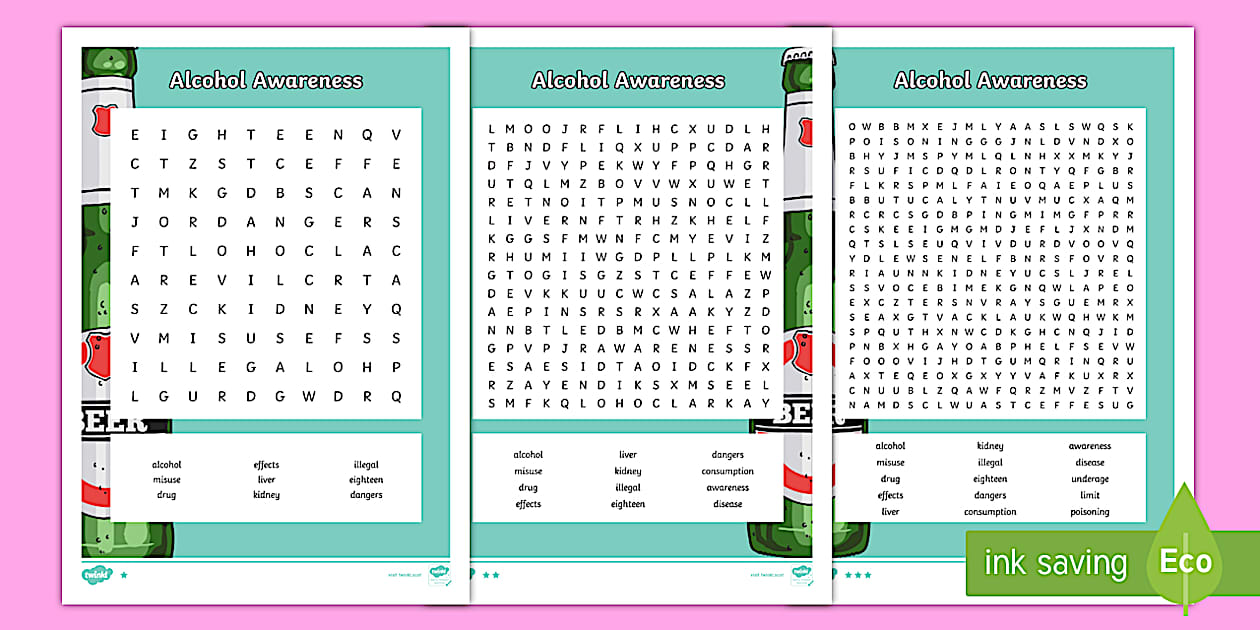 Alcohol Word Search with Answers - Differentiated Worksheet