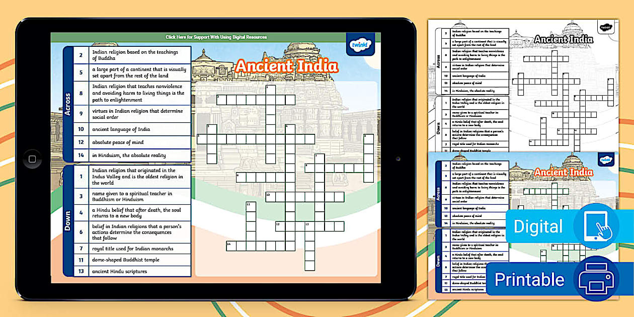 Sixth Grade Ancient India Crossword Puzzle (teacher made)