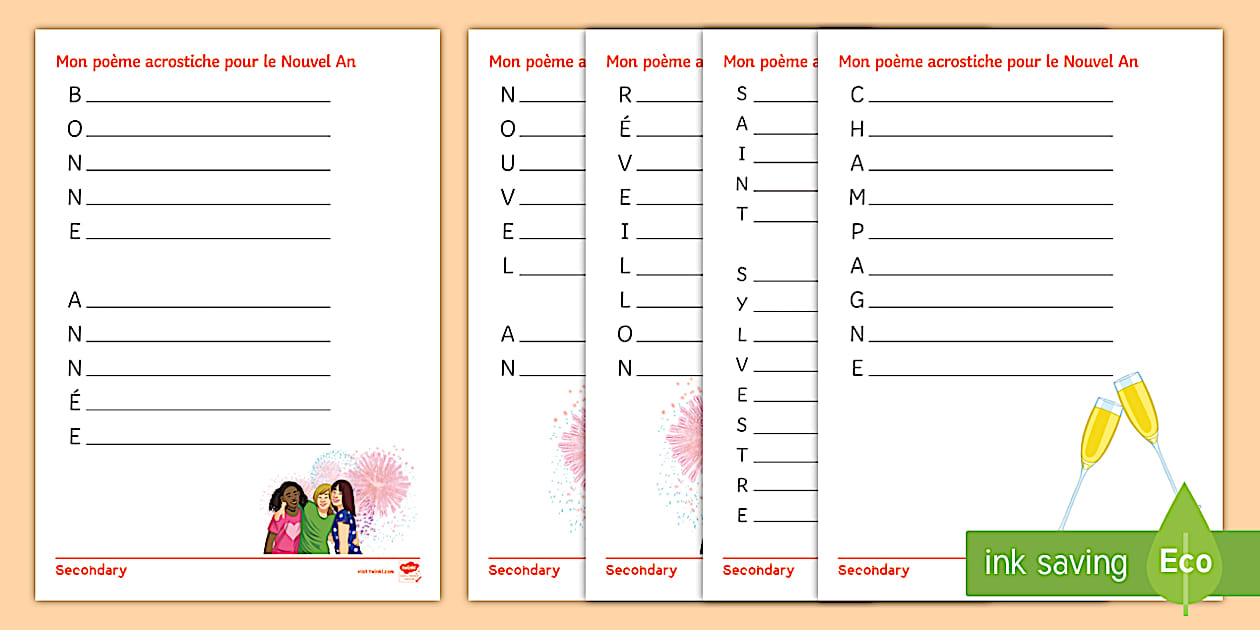 Black and White New Year Acrostic Poems Activity Pack French