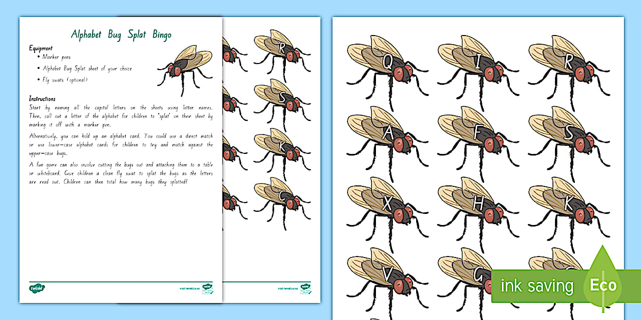 Black and White Alphabet Bug Splat Upper Case Bingo - Twinkl