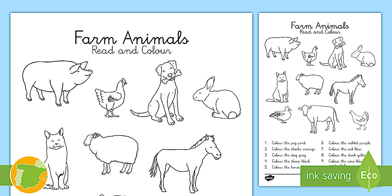 A2 Ficha de actividad: Lee y colorea los animales de la granja en inglés y