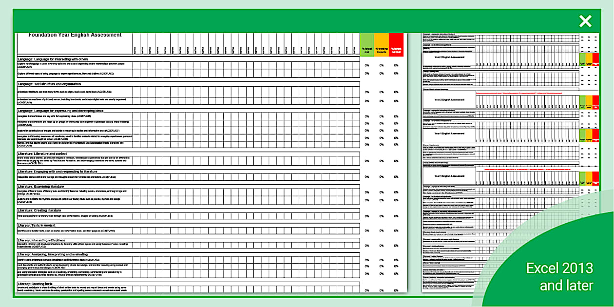 Australian Curriculum Year F to 6 English Assessment Spreadsheet