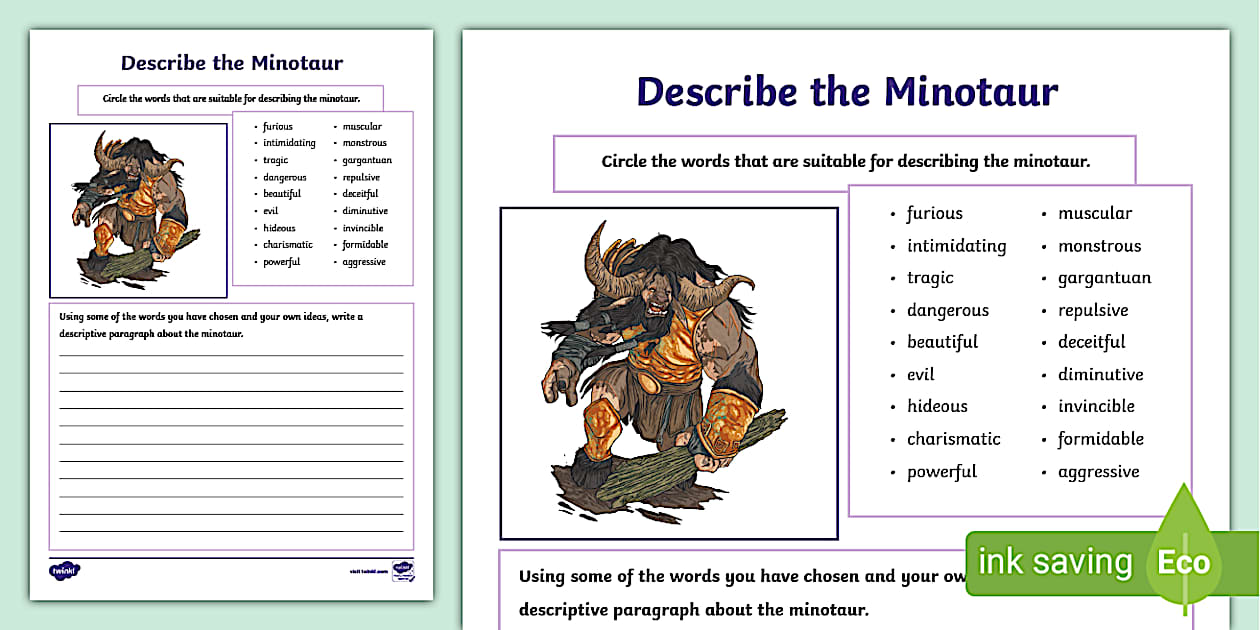 Describe the Minotaur Writing Worksheet (teacher made)