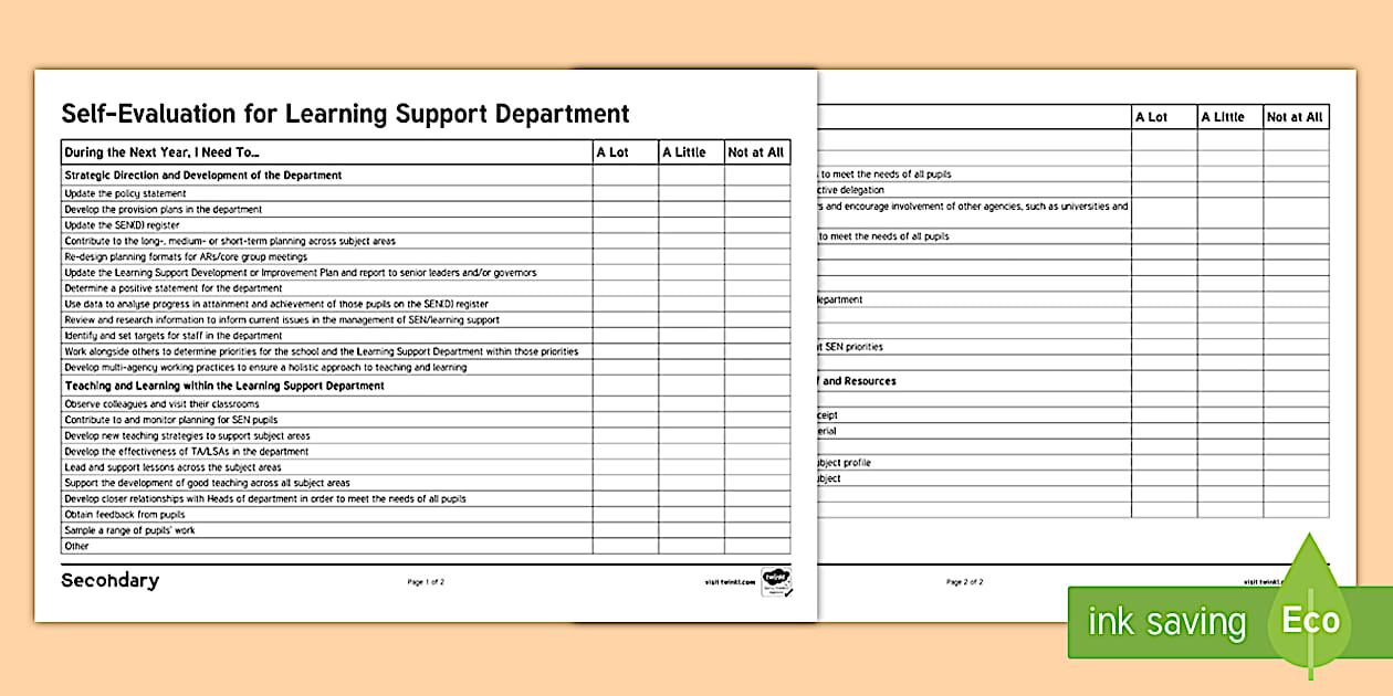 Self-Evaluation for Learning Support Department - Twinkl