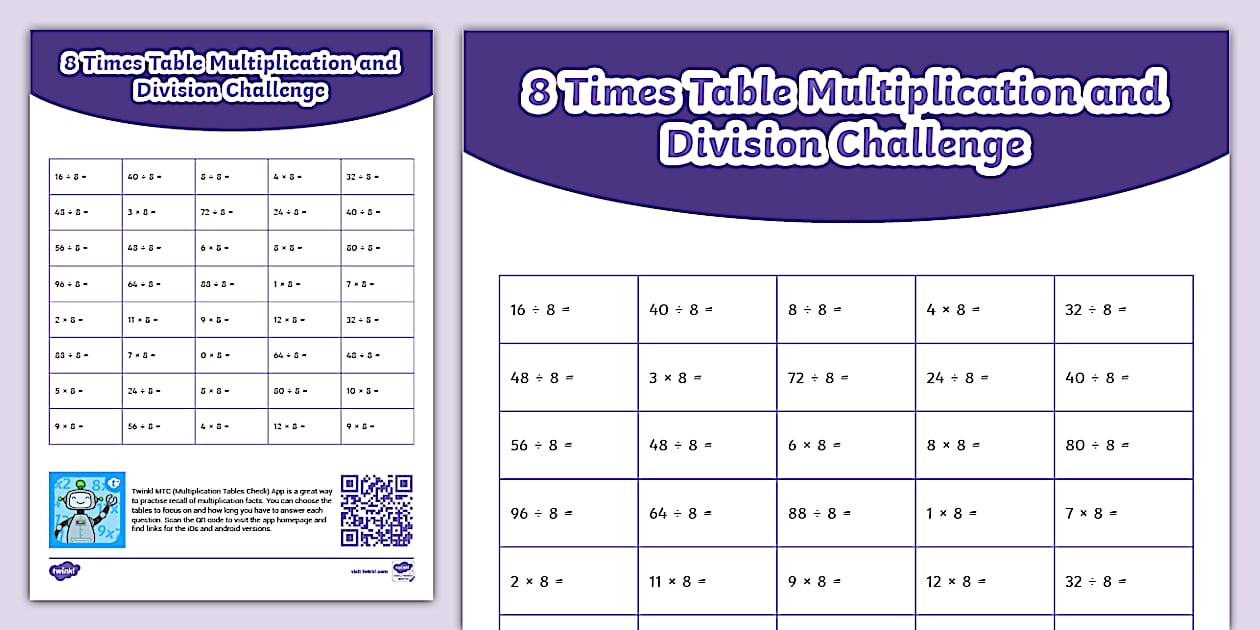 👉 8 Times Table Multiplication and Division Challenge Activity Sheet