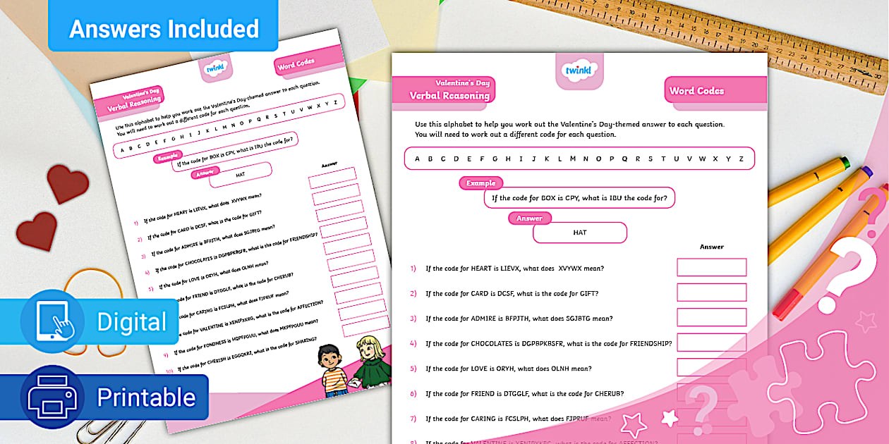 Verbal Reasoning - Valentine's Day Word Codes - L3 - Puzzled