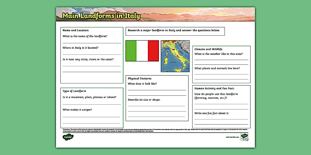 Main Landforms in Italy Research Activity