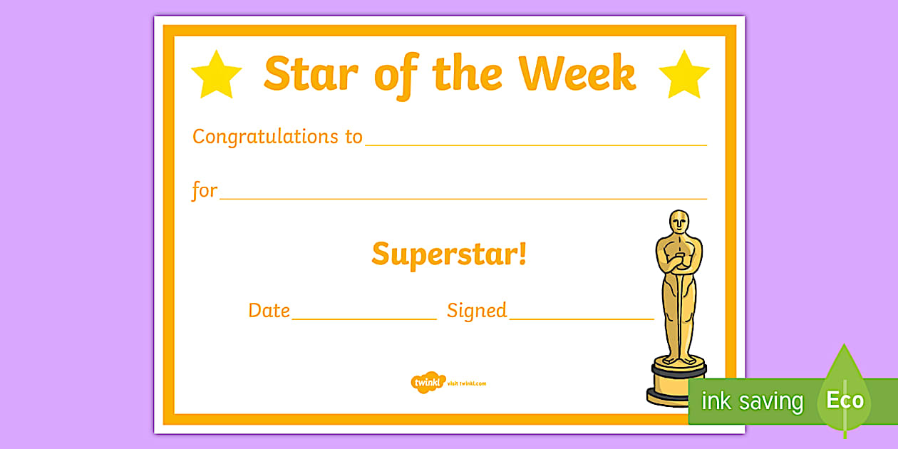 Editable Hollywood Star of the Week Certificate - Twinkl