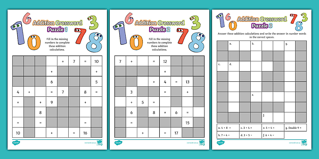 Addition Crossword Puzzle - Set 1 ∣ F-2 Maths Puzzles & Games