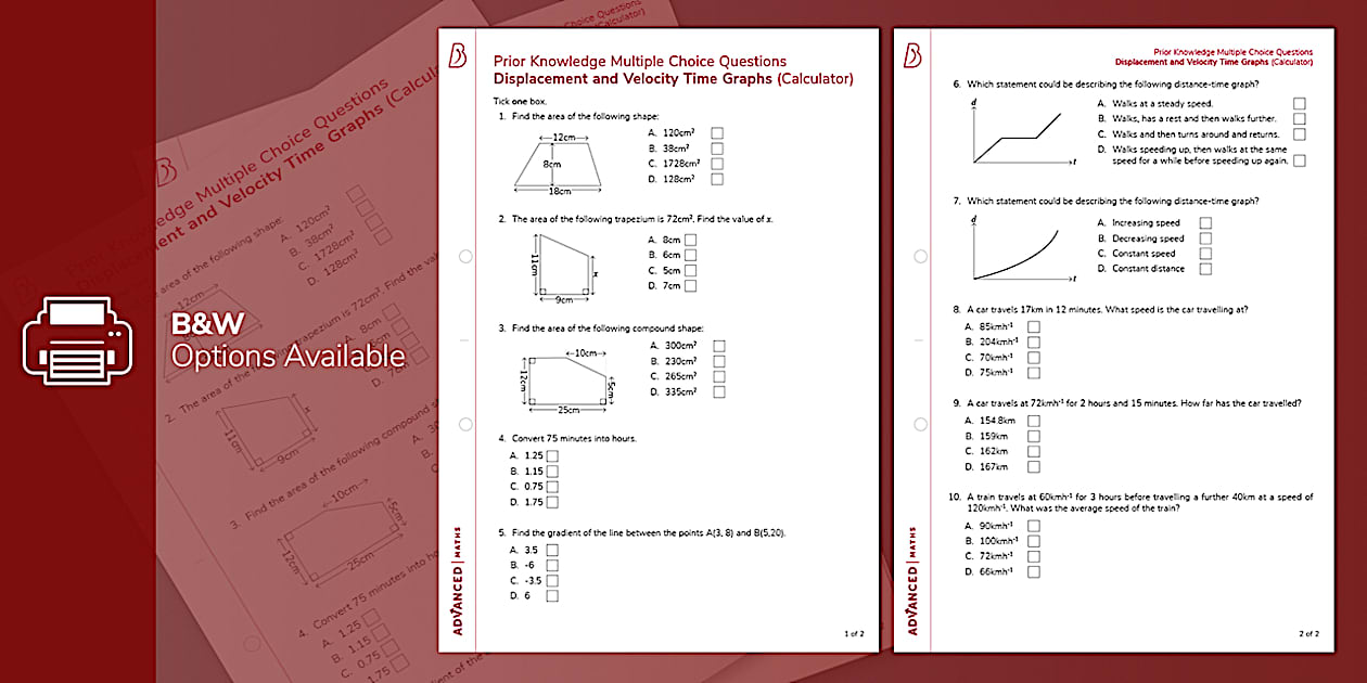 👉 Displacement and Velocity Time Graphs - Prior Knowledge Multiple-Choice