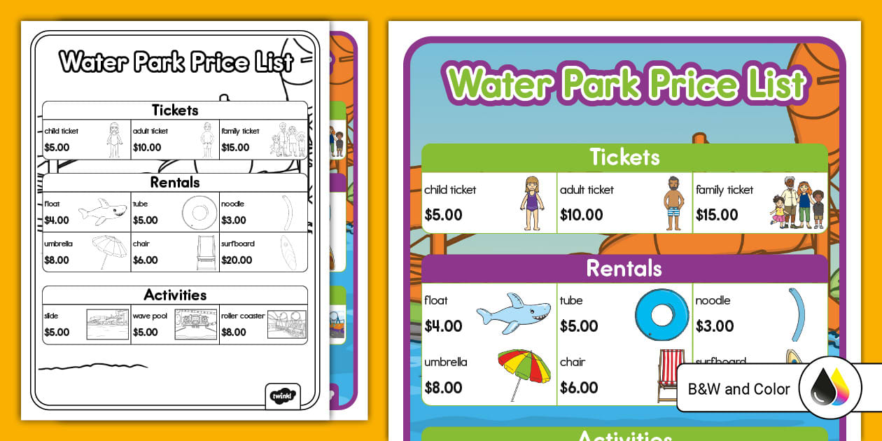 Water Park Dramatic Play Price List Sign (teacher made)