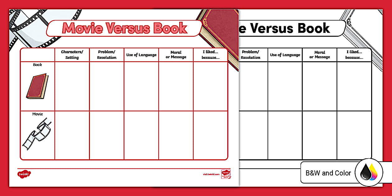 Movie Versus Book Compare and Contrast Worksheet for 6th-8th Grade