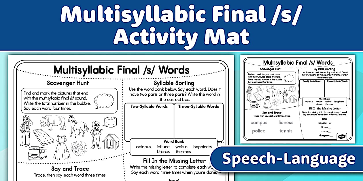 Articulation Multisyllabic Final /s/ Activity Mat for SLP
