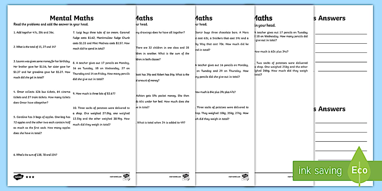 Lower Ability Mental Maths Adding Differentiated Worksheets