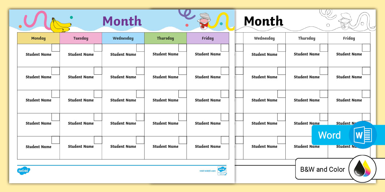 Editable Monthly Snack Calendar (teacher made) - Twinkl