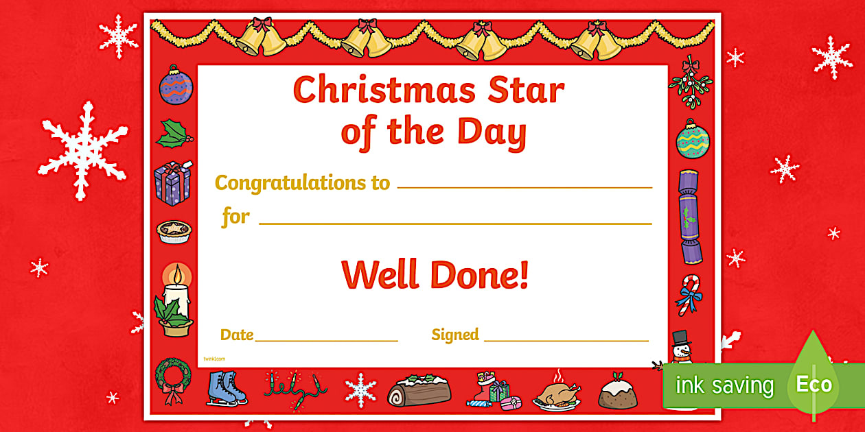 Star of the Day Christmas Themed Certificate - Twinkl