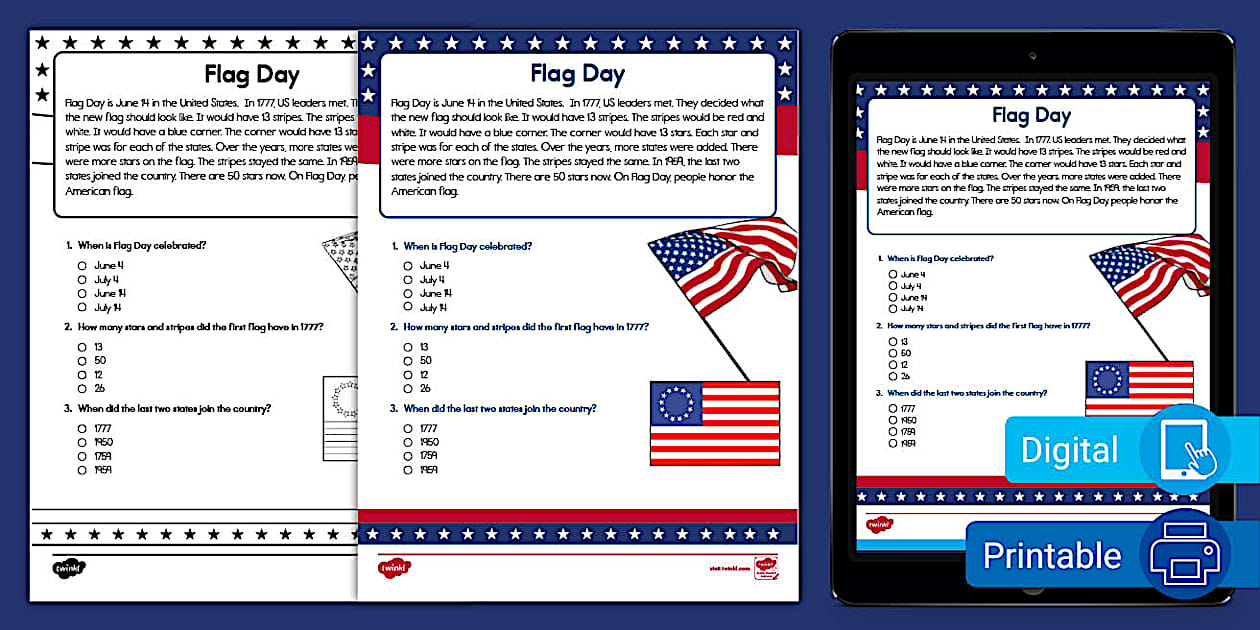First Grade Flag Day Reading Passage Comprehension Worksheet