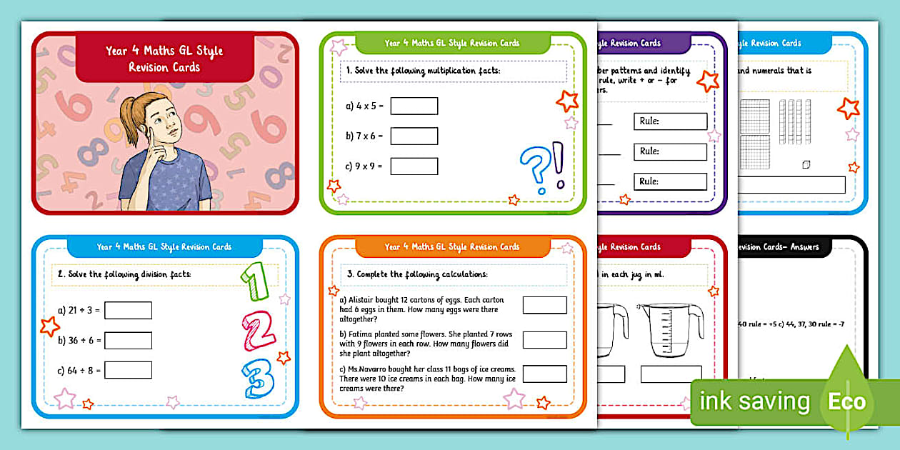 Year 4 Maths GL Style Revision Flashcards (teacher made)