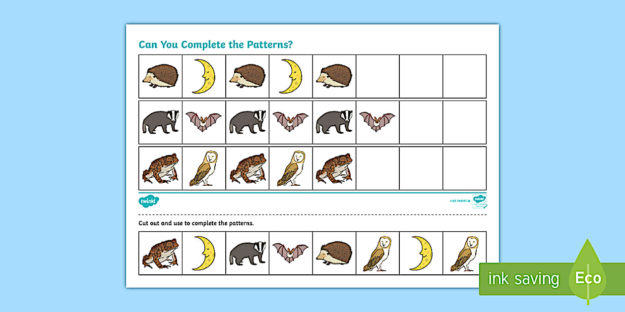 Nocturnal Animals Complete the Pattern Worksheet - Twinkl
