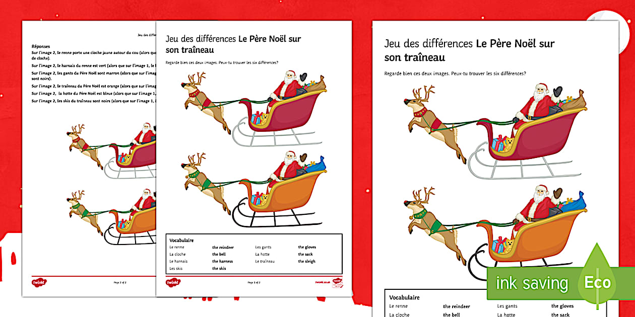 Santa on His Sleigh Spot the Differences Worksheet / Worksheet French