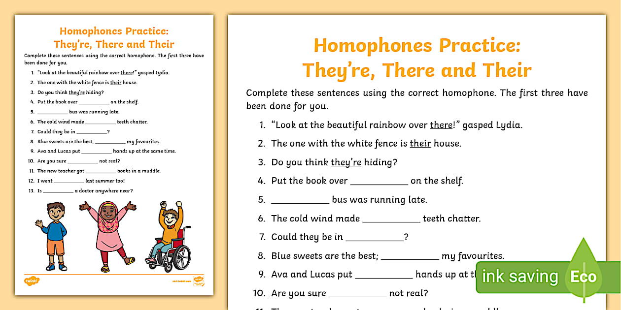 Homophones Practice Worksheet They're There Their