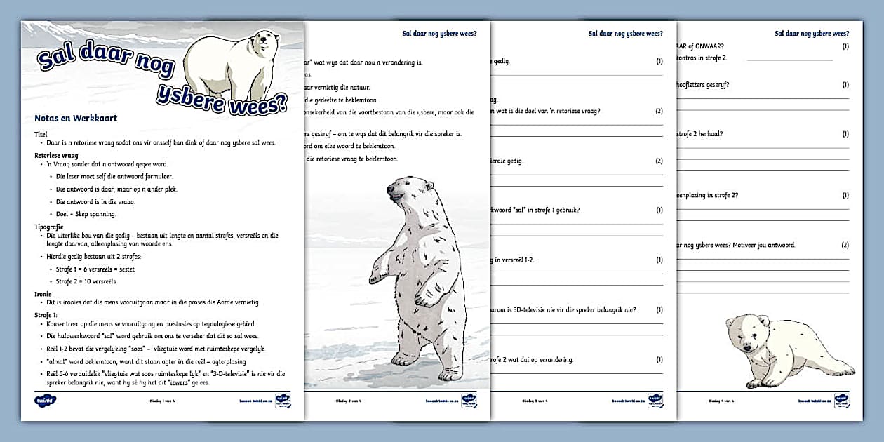 Gedig Notas en Werkkaart: Sal Daar Nog Ysbere Wees? - Twinkl
