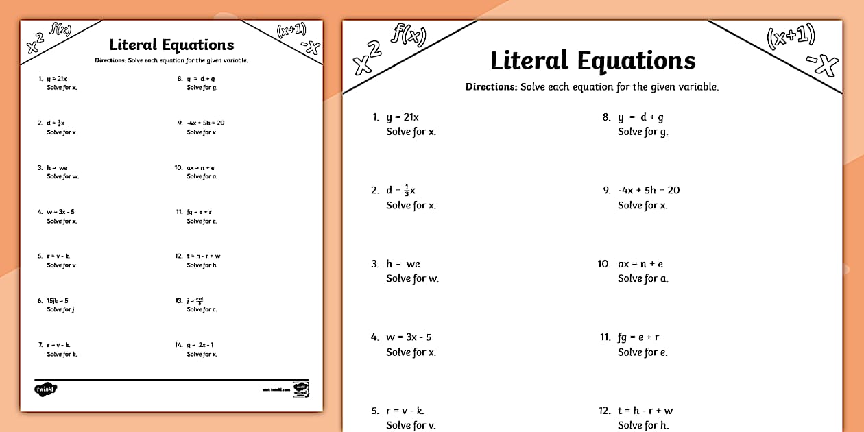 Algebra I: Literal Equations Practice (Teacher-Made)