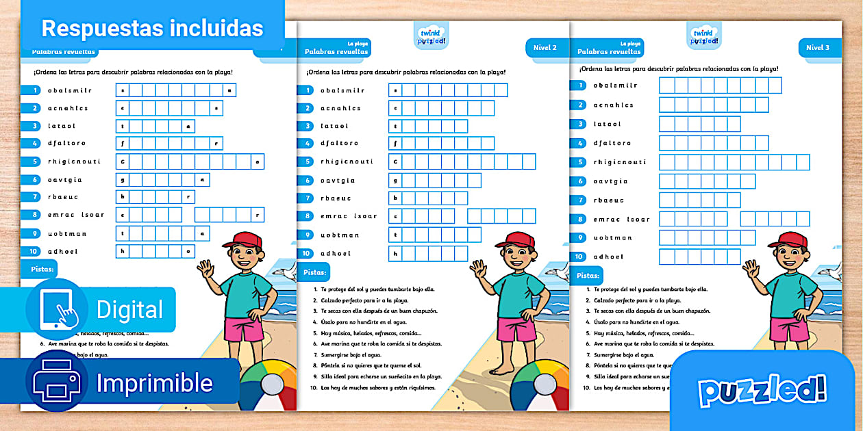 Pack Palabras revueltas: La playa - Twinkl Puzzled - Twinkl