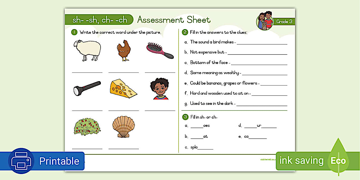 Grade 3 Phonics sh--sh,ch- -ch Assessment Sheet - Twinkl