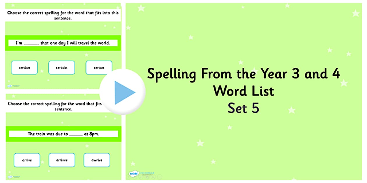 Spelling from the Year 3 and 4 Word List PowerPoint Quiz Set 5