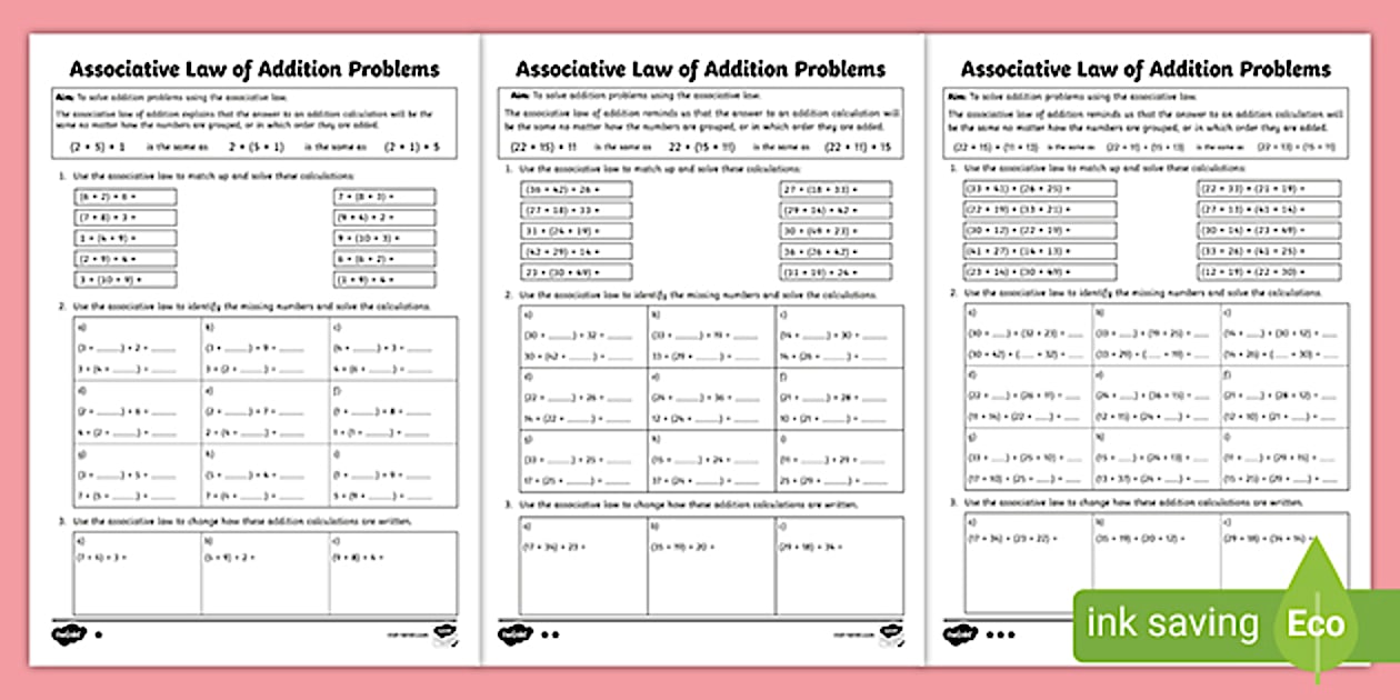 KS2 Maths Associative Law of Addition Differentiated Worksheet / Worksheets