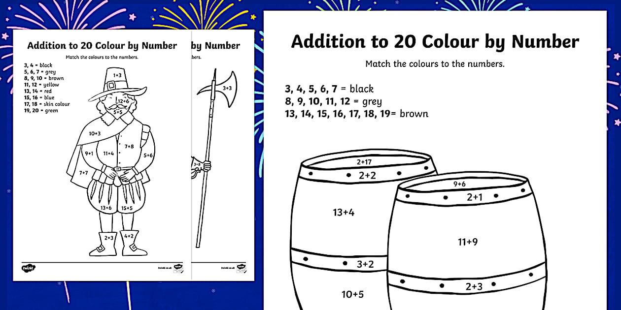 Guy Fawkes Themed Addition Up to 20 Roll and Colour Worksheet / Worksheet