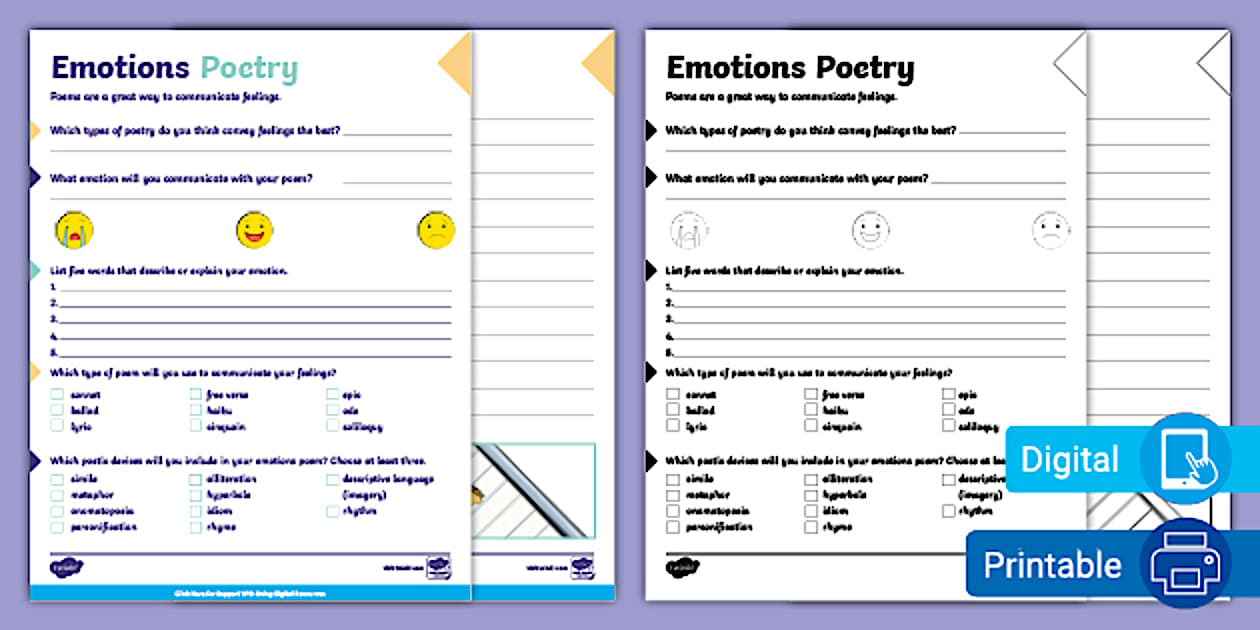 Emotion Poetry Worksheet | Resource | Twinkl USA - Twinkl